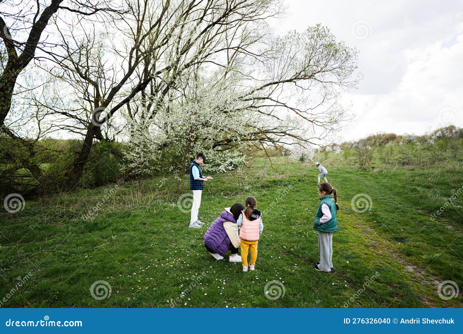 Mother with Four Kids in Spring Meadow Stock Photo - Image of people ...