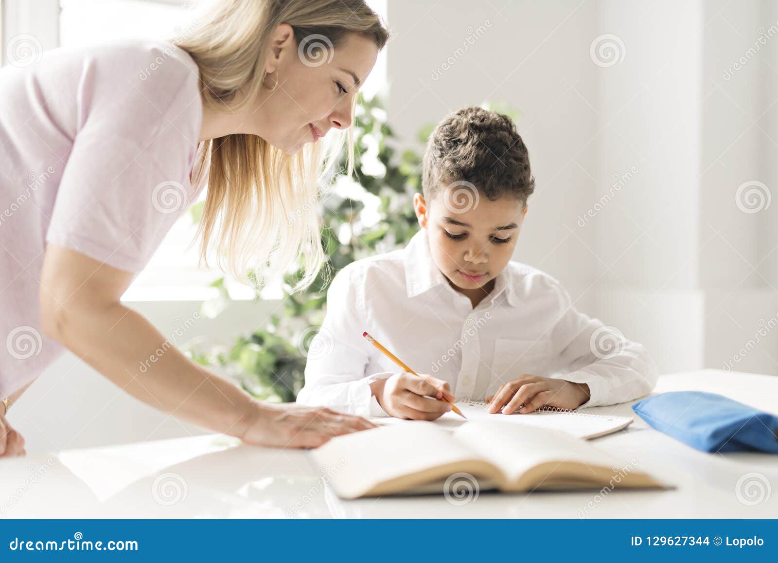 Mother Help Black Boy Doing Homework at Home Stock Photo - Image of ...