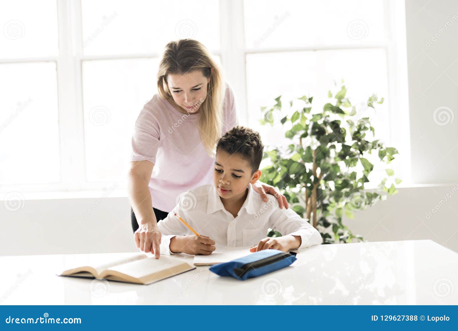 Mother Help Black Boy Doing Homework at Home Stock Photo - Image of ...