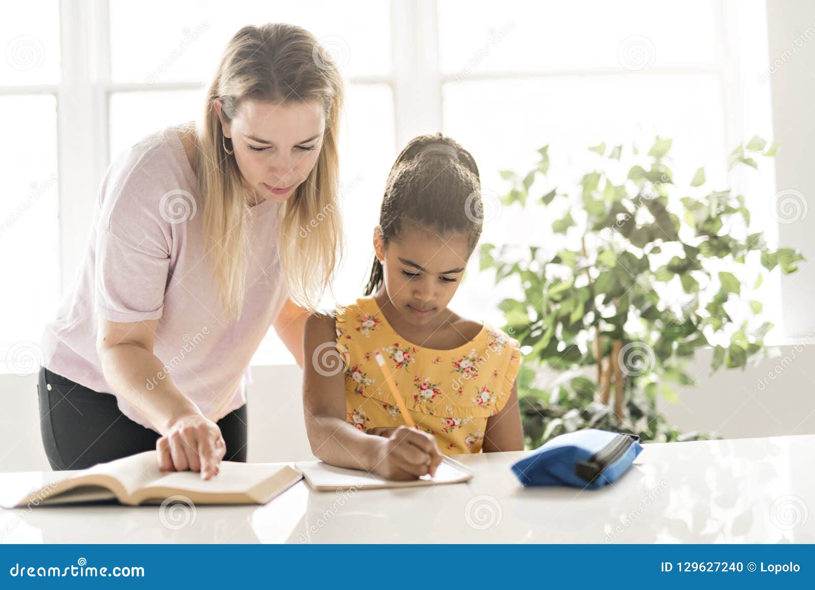 Mother Help Black Girl Doing Homework at Home Stock Photo - Image of ...