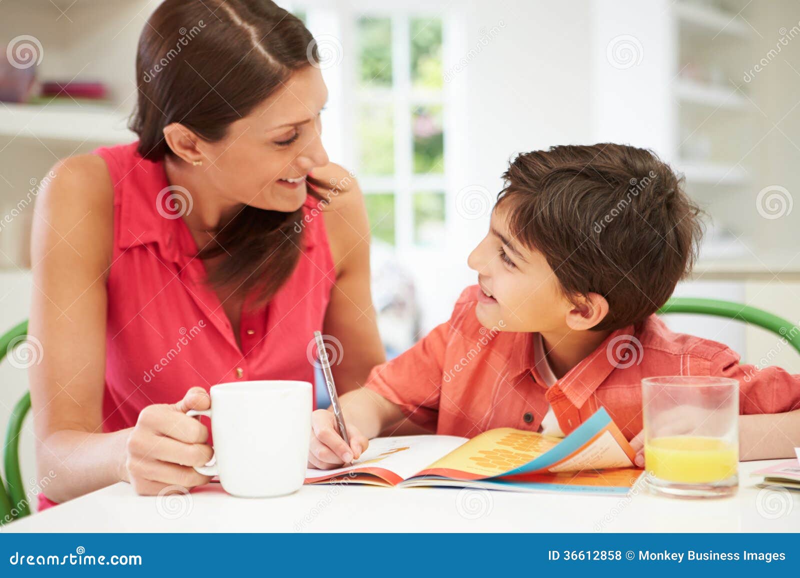 Mother Helping Son with Homework Stock Photo - Image of glass, textbook ...