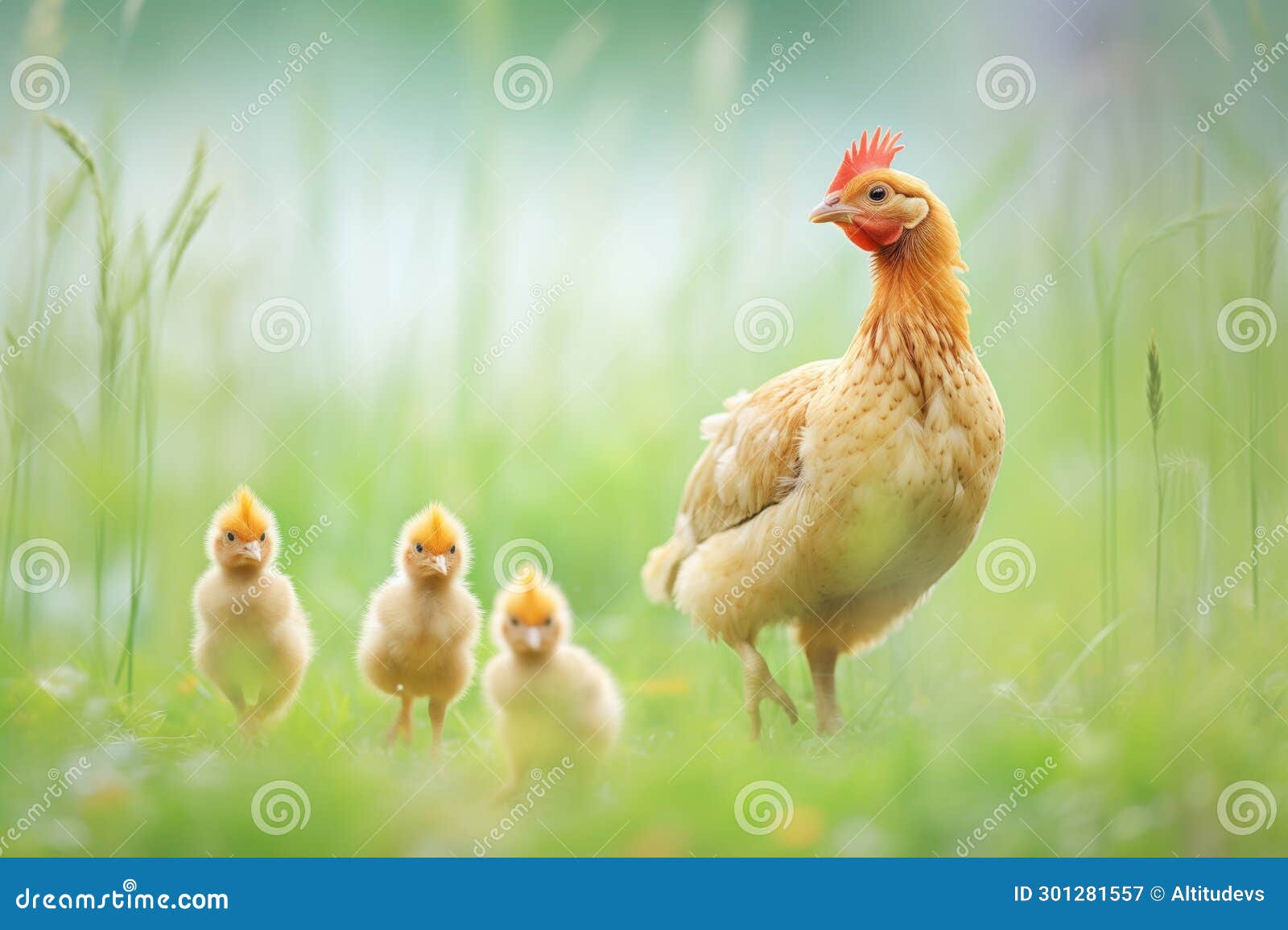Mother Hen Leading Chicks Across Grass Stock Image - Image of animals ...