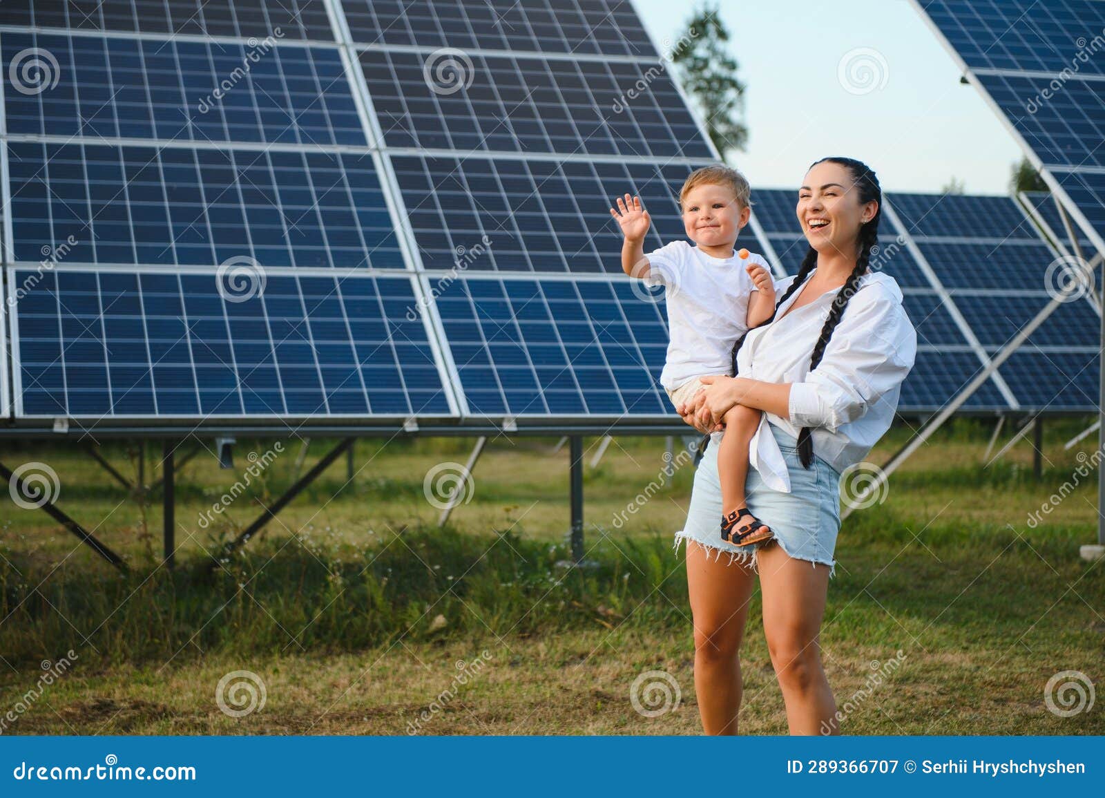 Mother with Her Little Son by Solar Panels Stock Image - Image of ...