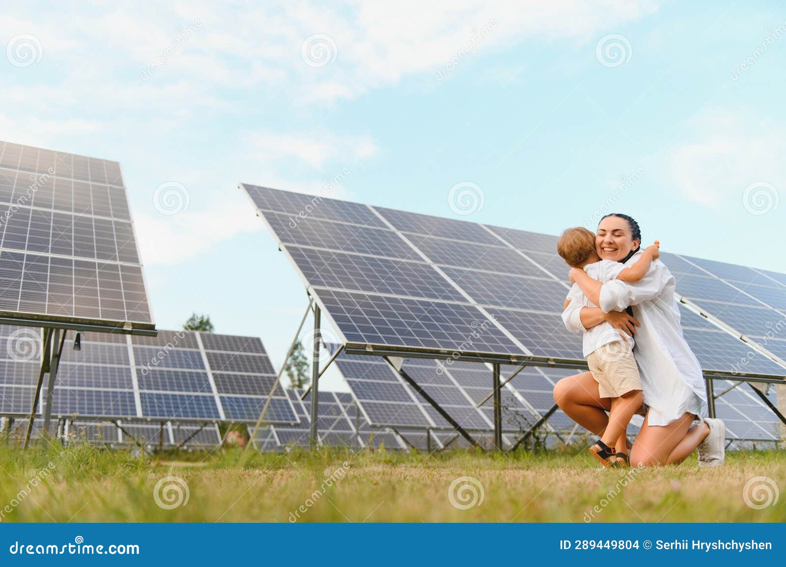 Mother with Her Little Son by Solar Panels Stock Photo - Image of ...