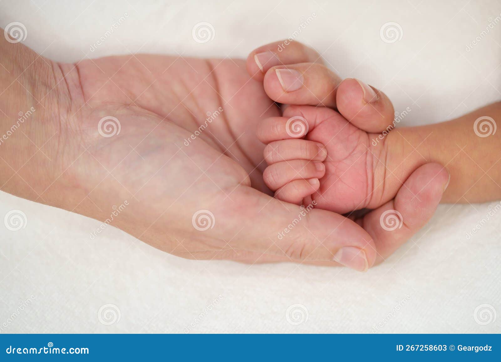 Mother Holding Newborn Baby Hand on Bed Stock Image - Image of people ...