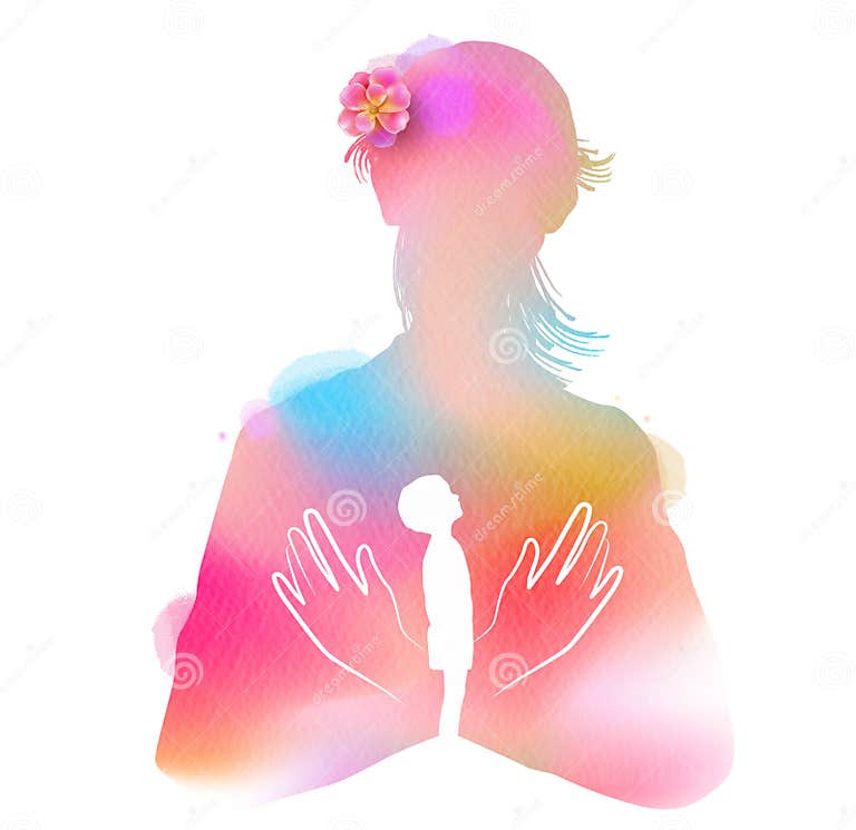 Mother Hugging Her Son Silhouette On Watercolor Background Happy
