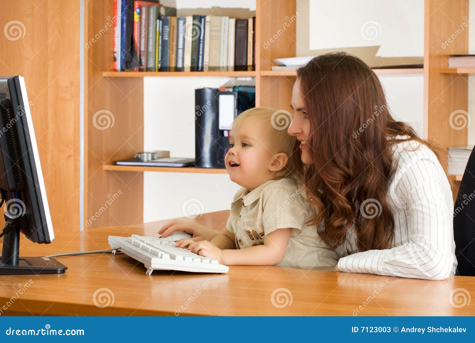 Mother with Kid Looking Monitor Stock Image - Image of beautiful ...