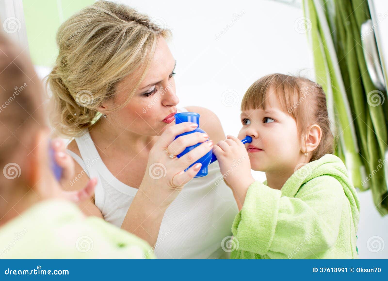 Mother and Kid with Neti Pot for Nasal Irrigation Stock Image - Image ...