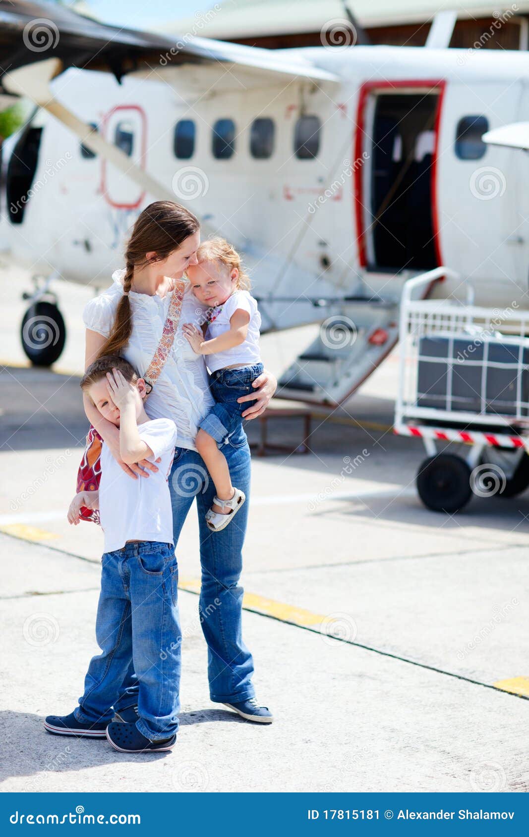 Mother and Kids in Front of Airplane Stock Image - Image of arrival ...