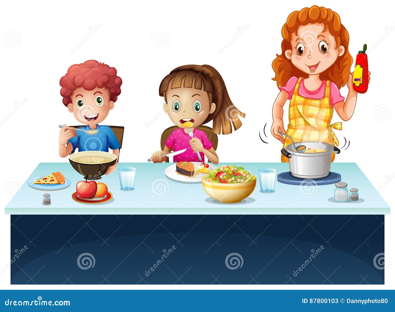 Mother and Kids Having Meal at Dining Table Stock Vector - Illustration ...