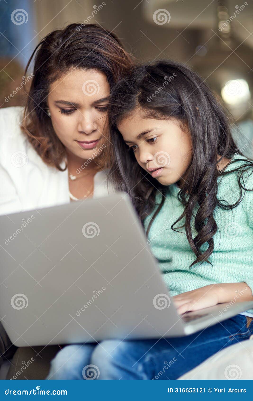 Mother, Laptop and Child on Sofa Discussion for Online Tutorial ...