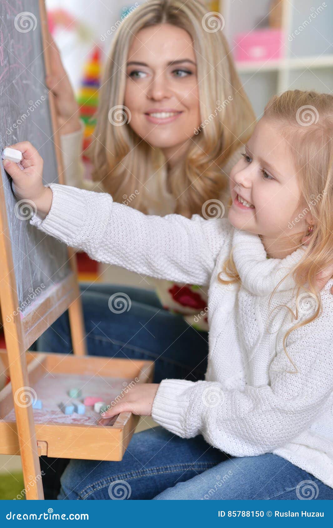 Mother with Little Daughter Writing Stock Photo - Image of design ...
