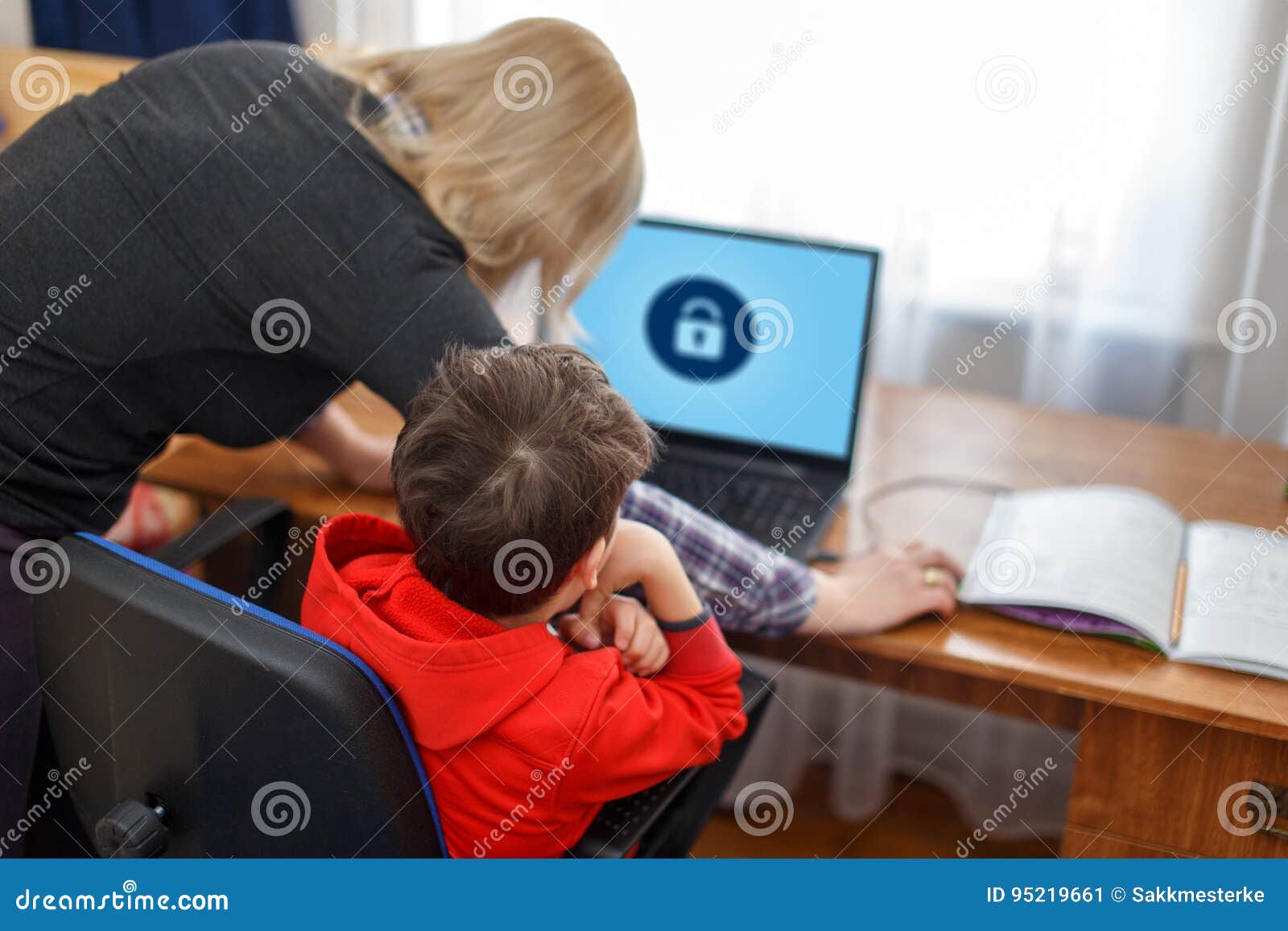 Mother Locking on Computer for Son Stock Image - Image of safety ...