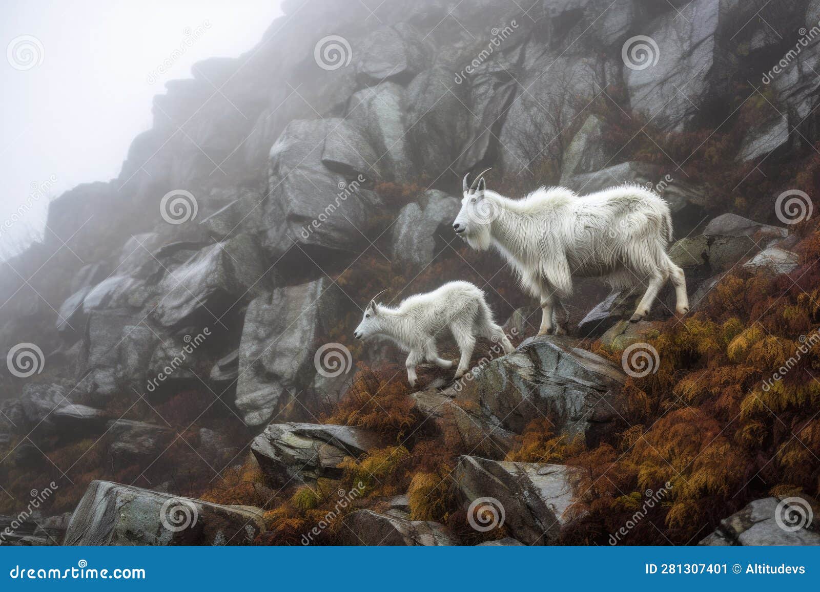 Mother Mountain Goat and Her Kid Navigating Steep Terrain Stock ...
