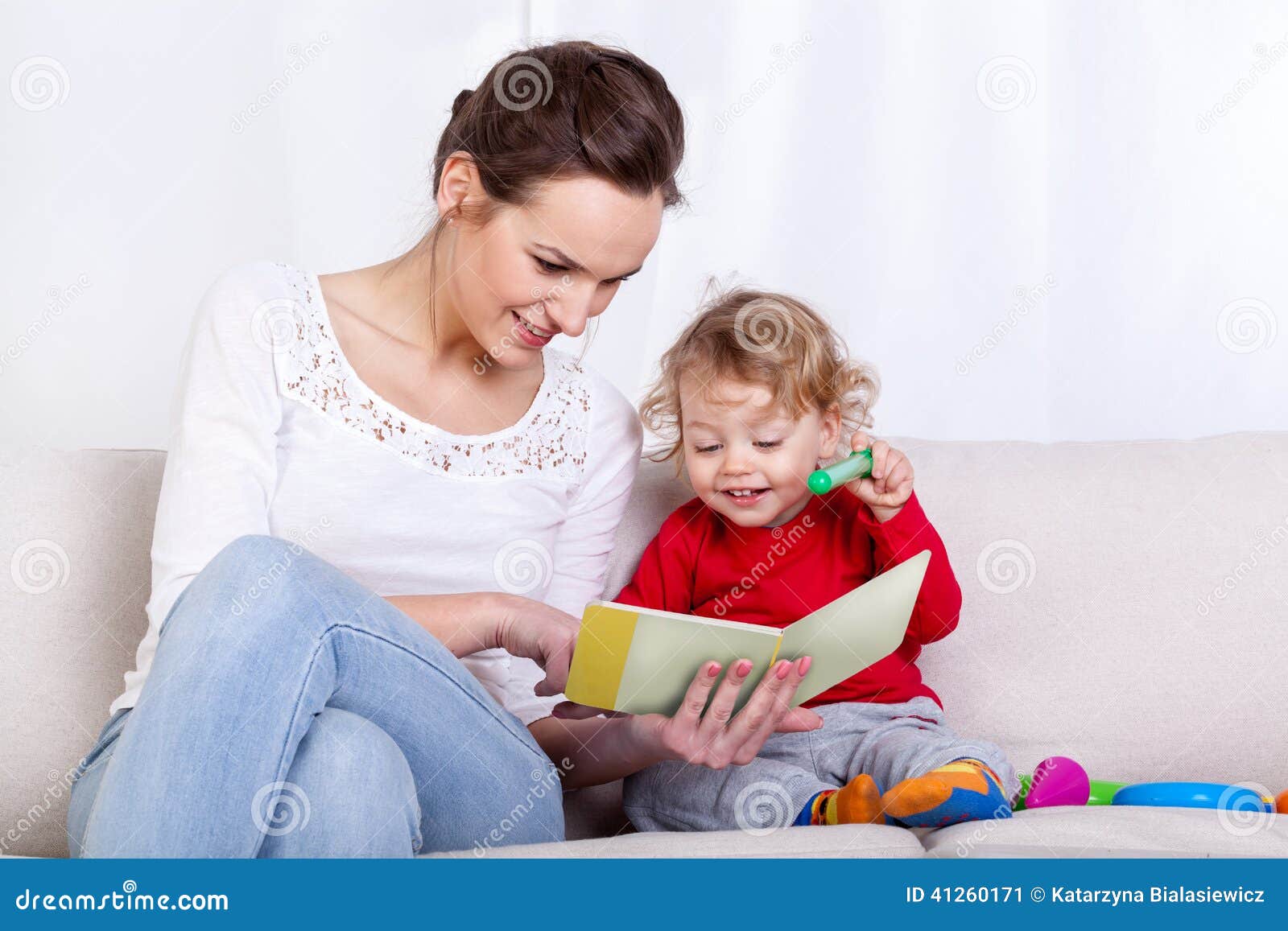 Mother Reading Book with Child Stock Image - Image of caucasian, indoor ...
