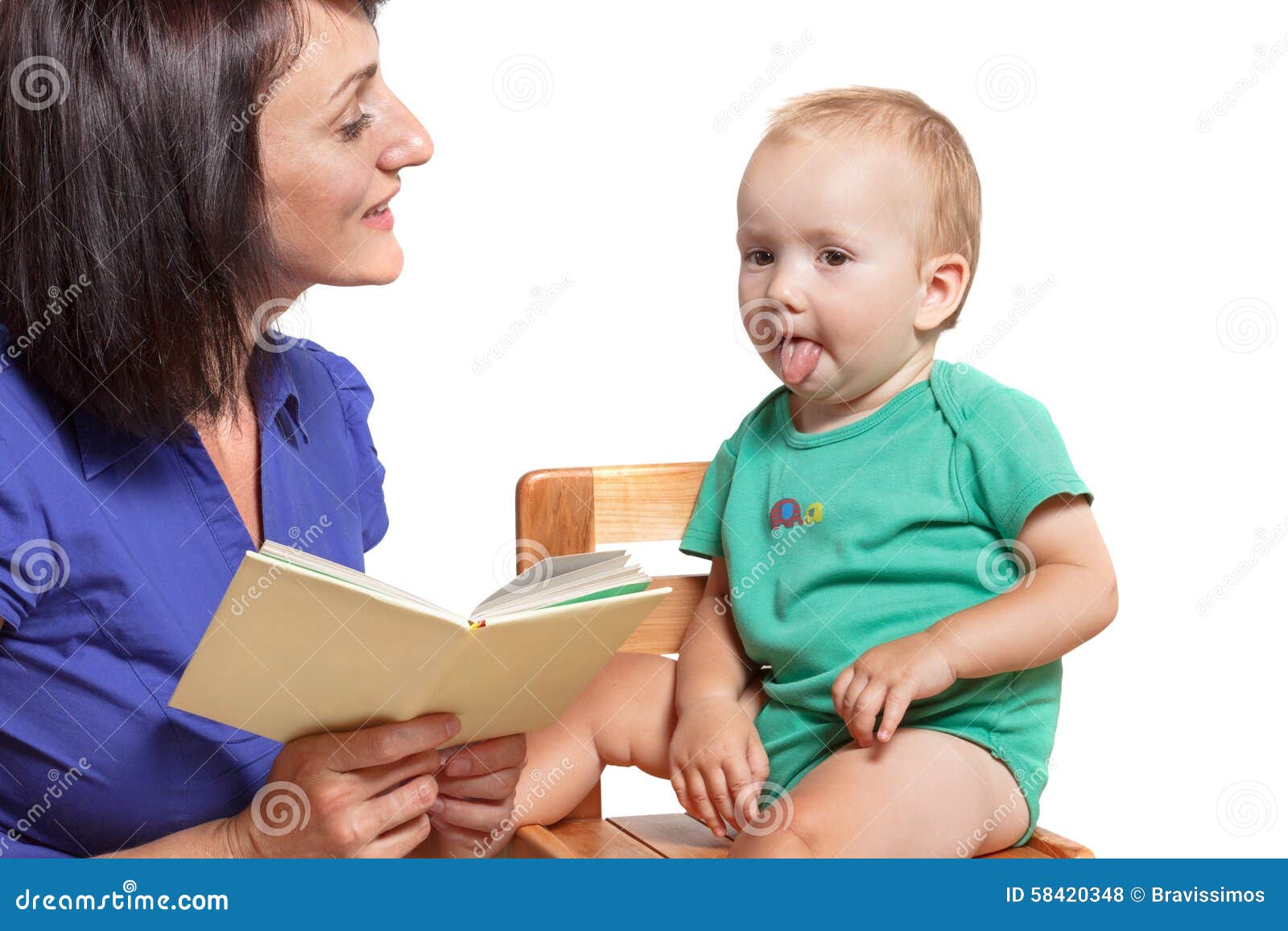 Mother Reading a Book To His Mischievous Kid. Isolated on White Stock ...