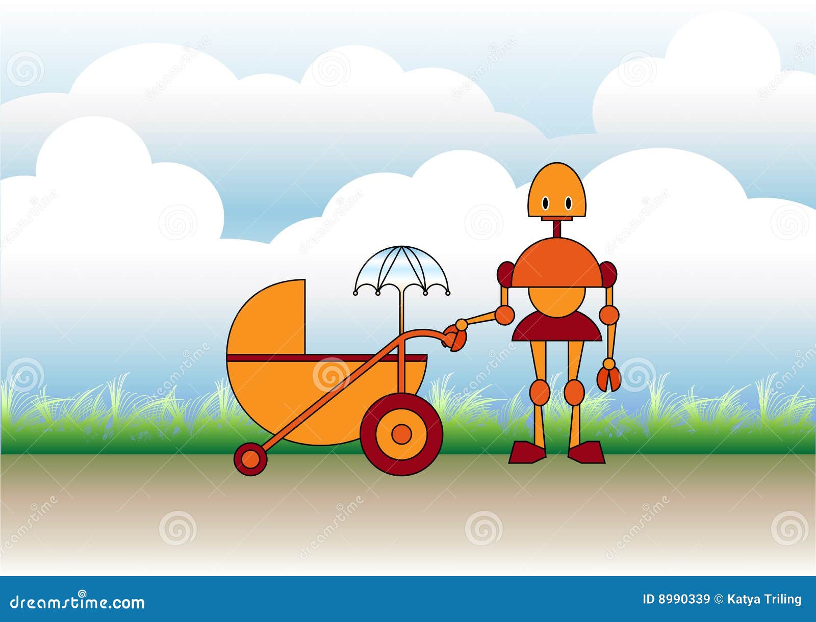 Mother Robot With Her Baby Robot In The Meadow On The Background Of A ...