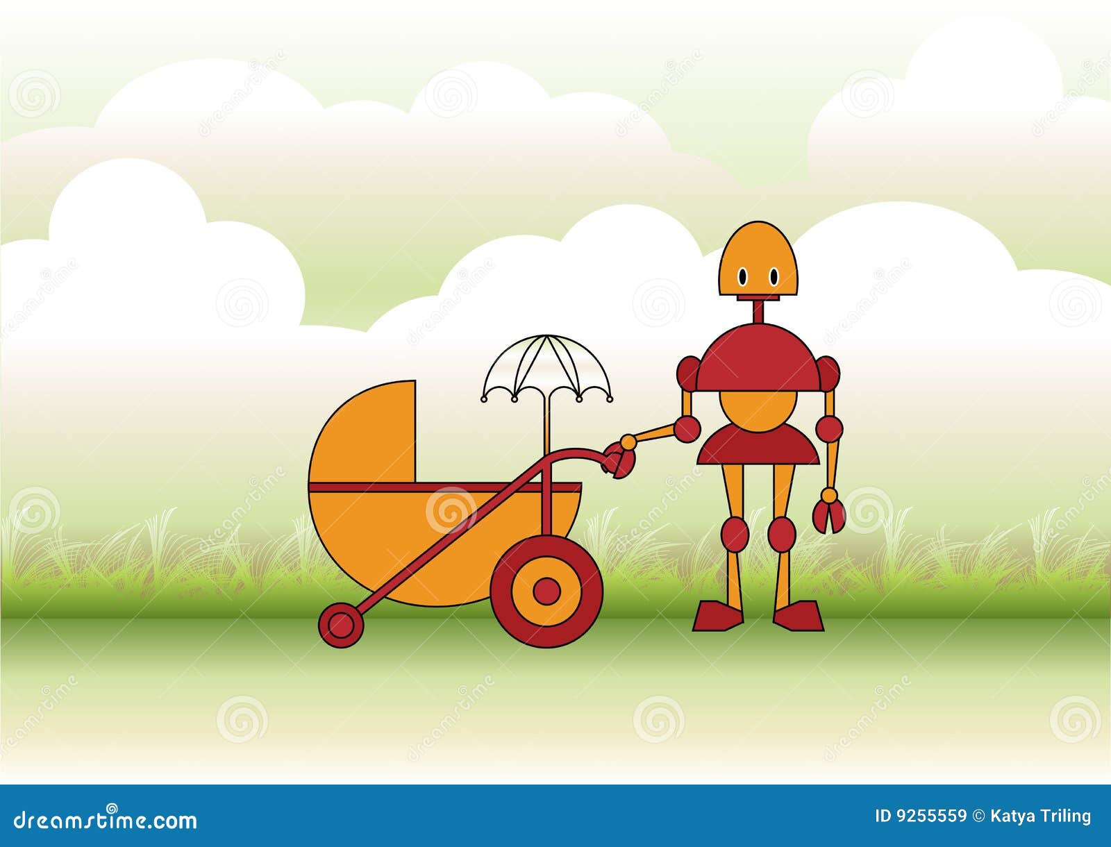 Mother Robot With Her Baby Robot In The Meadow On The Background Of A ...