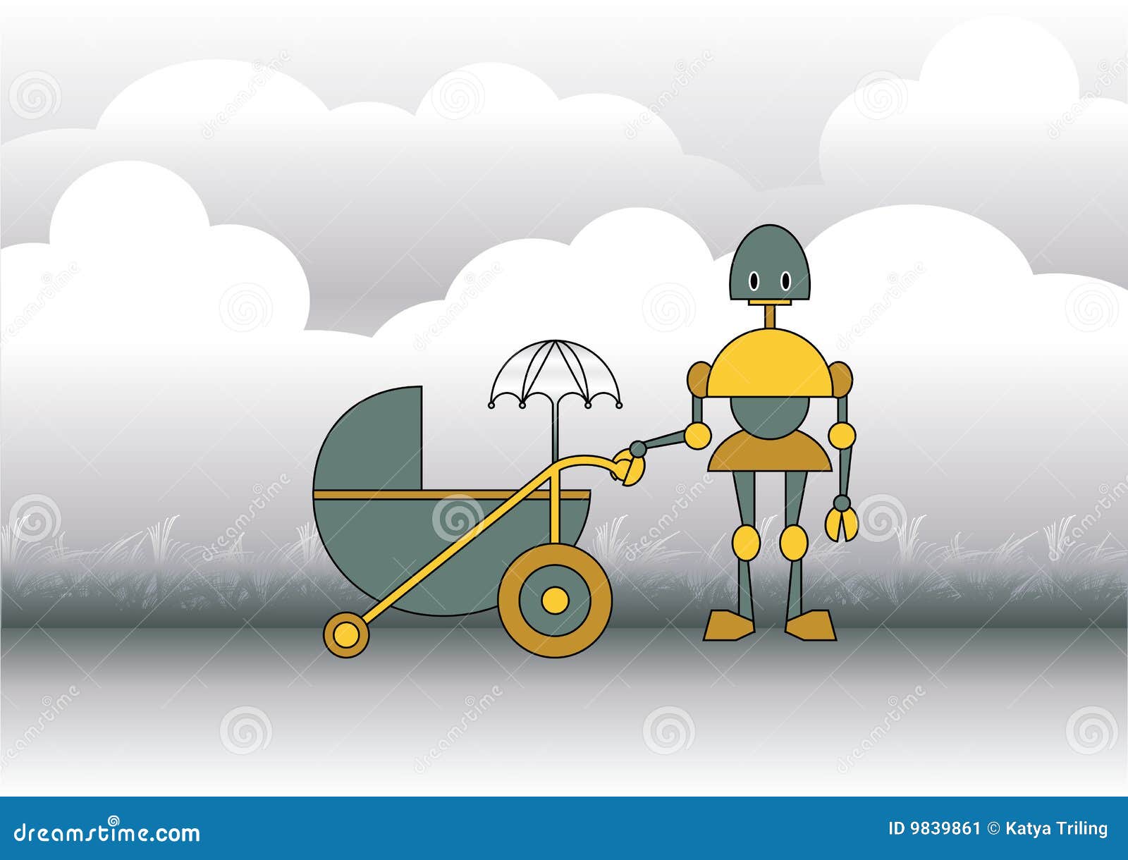 Mother Robot With Her Baby Robot In The Meadow On The Background Of A ...