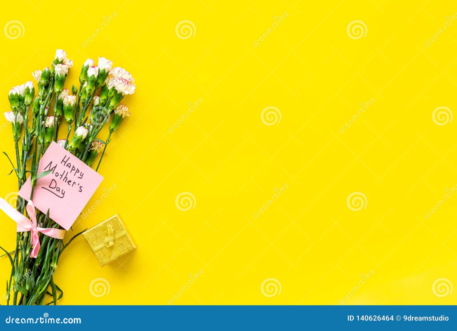 Mother`s Day Congratulations. Carnations and Gift Box on Yellow ...
