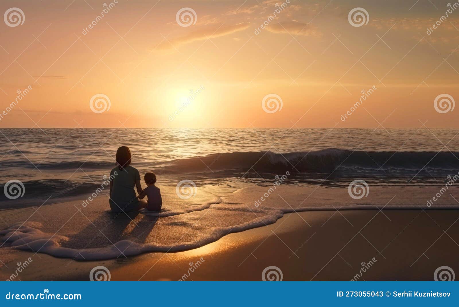 On Mothers Day Mother And Daughter Sit On The Beach At Sunset