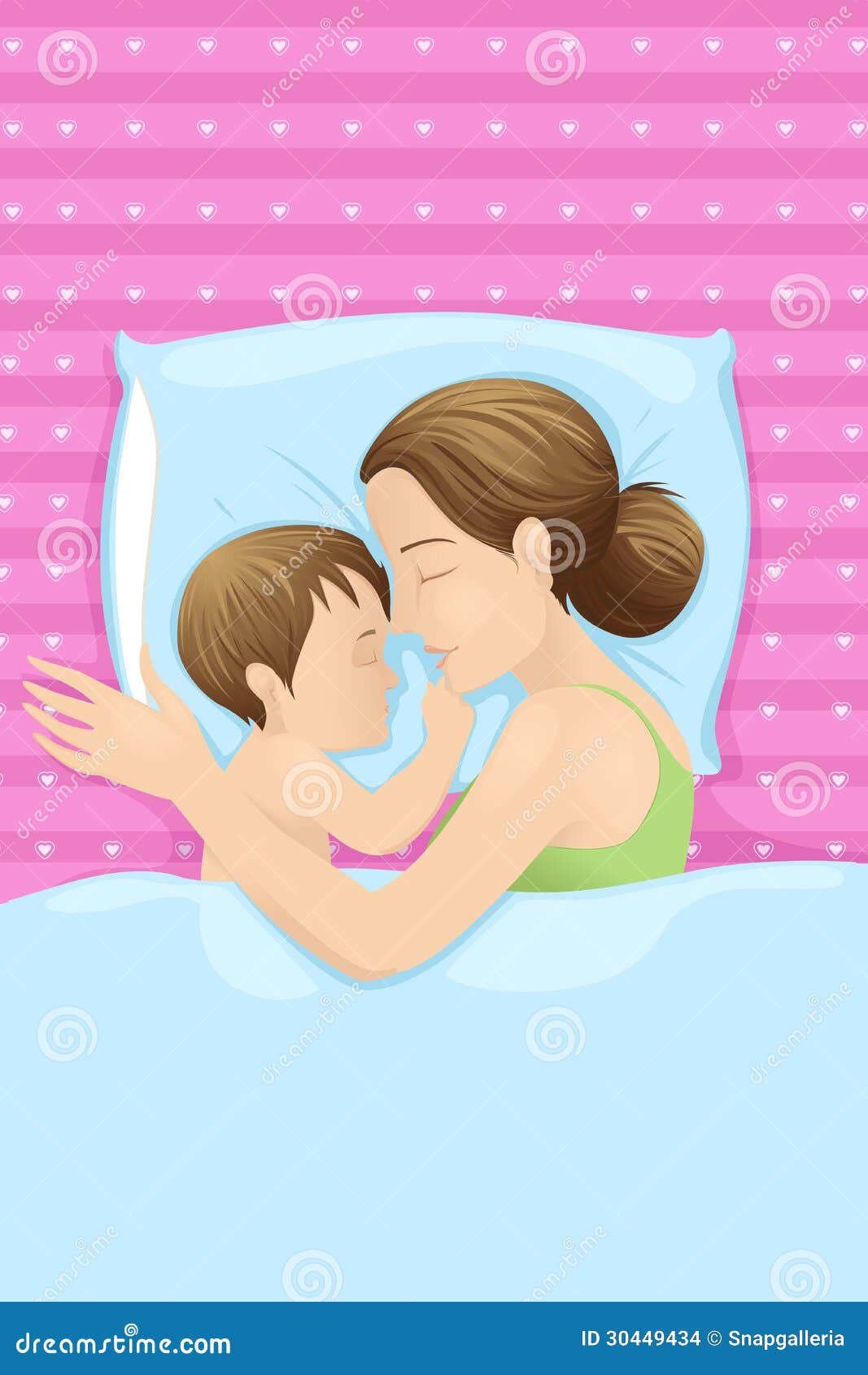 Mother And Kid Sleeping. Cartoon Daughter And Mom Embracing Snoozing On ...