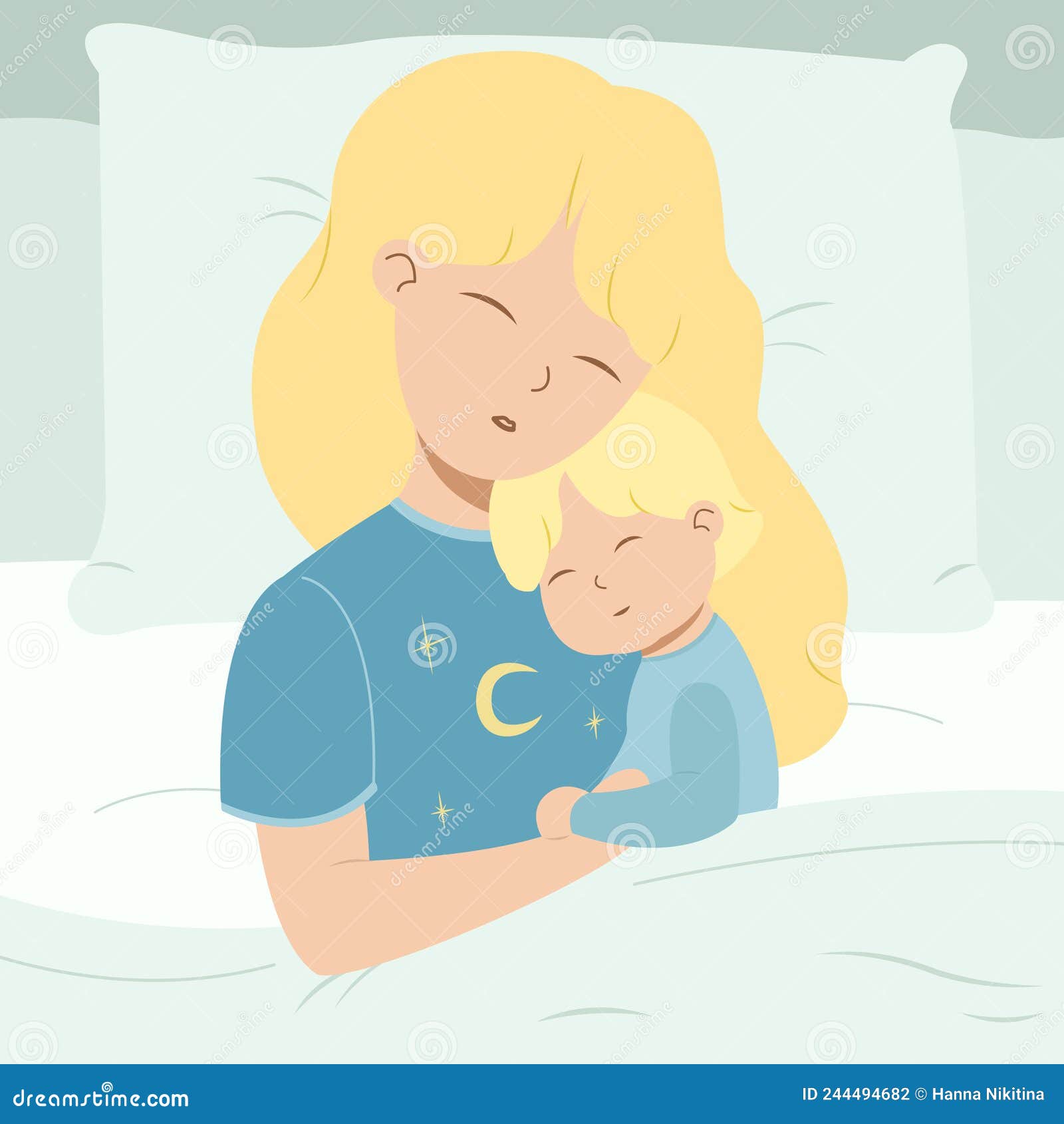 Mother And Kid Sleeping. Cartoon Daughter And Mom Embracing Snoozing On ...