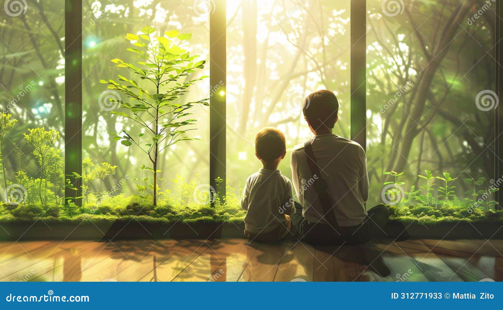 Mother and Son Admiring the Bright Nature Outside the Window Stock ...