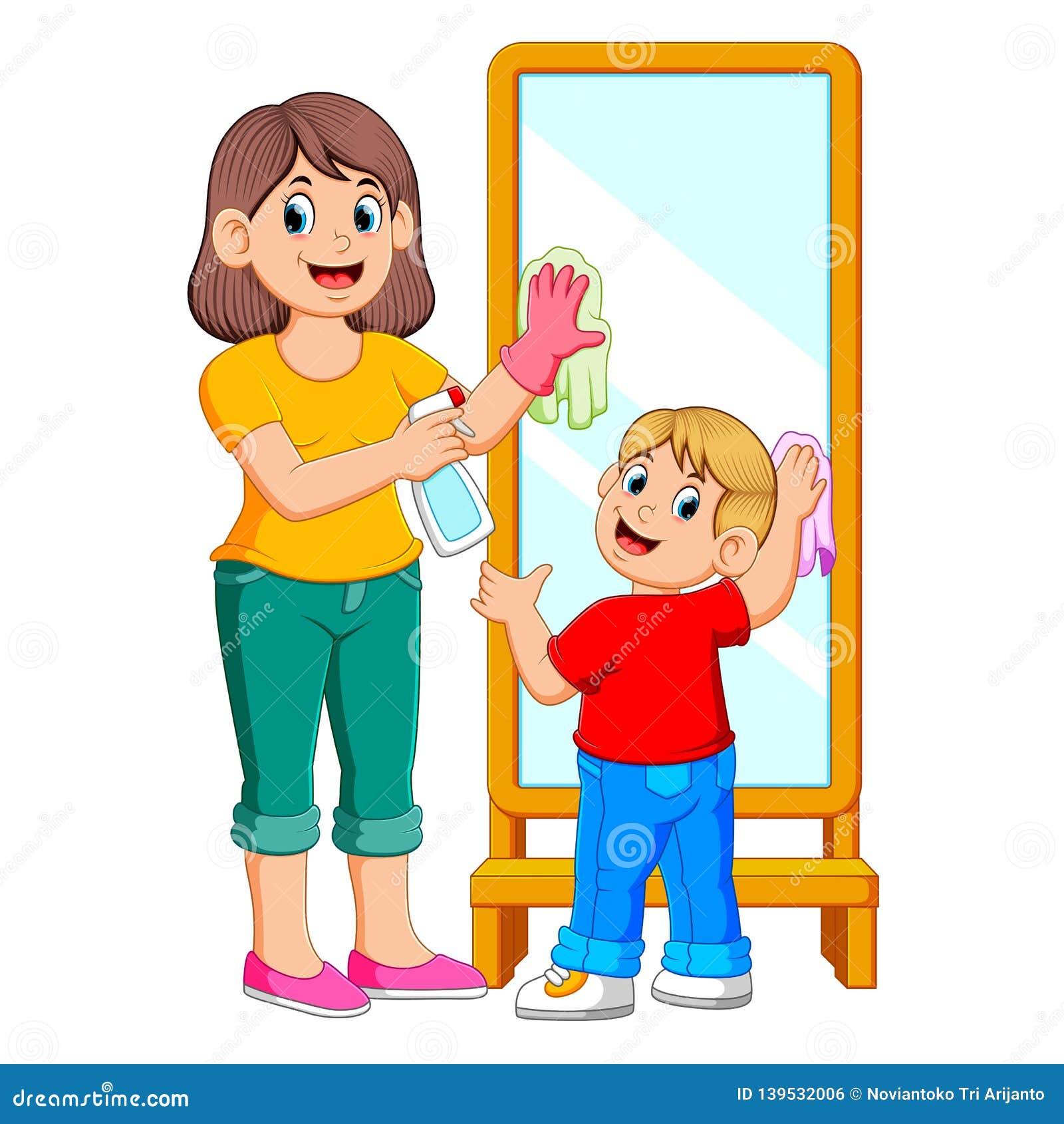 Mother and Son Cleaning the Mirror Using Some Spray Stock Vector ...