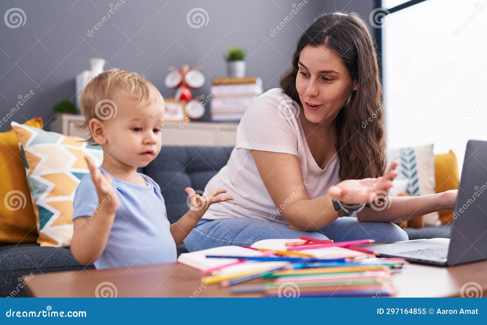 Mother and Son Drawing on Notebook Using Laptop at Home Stock Image ...