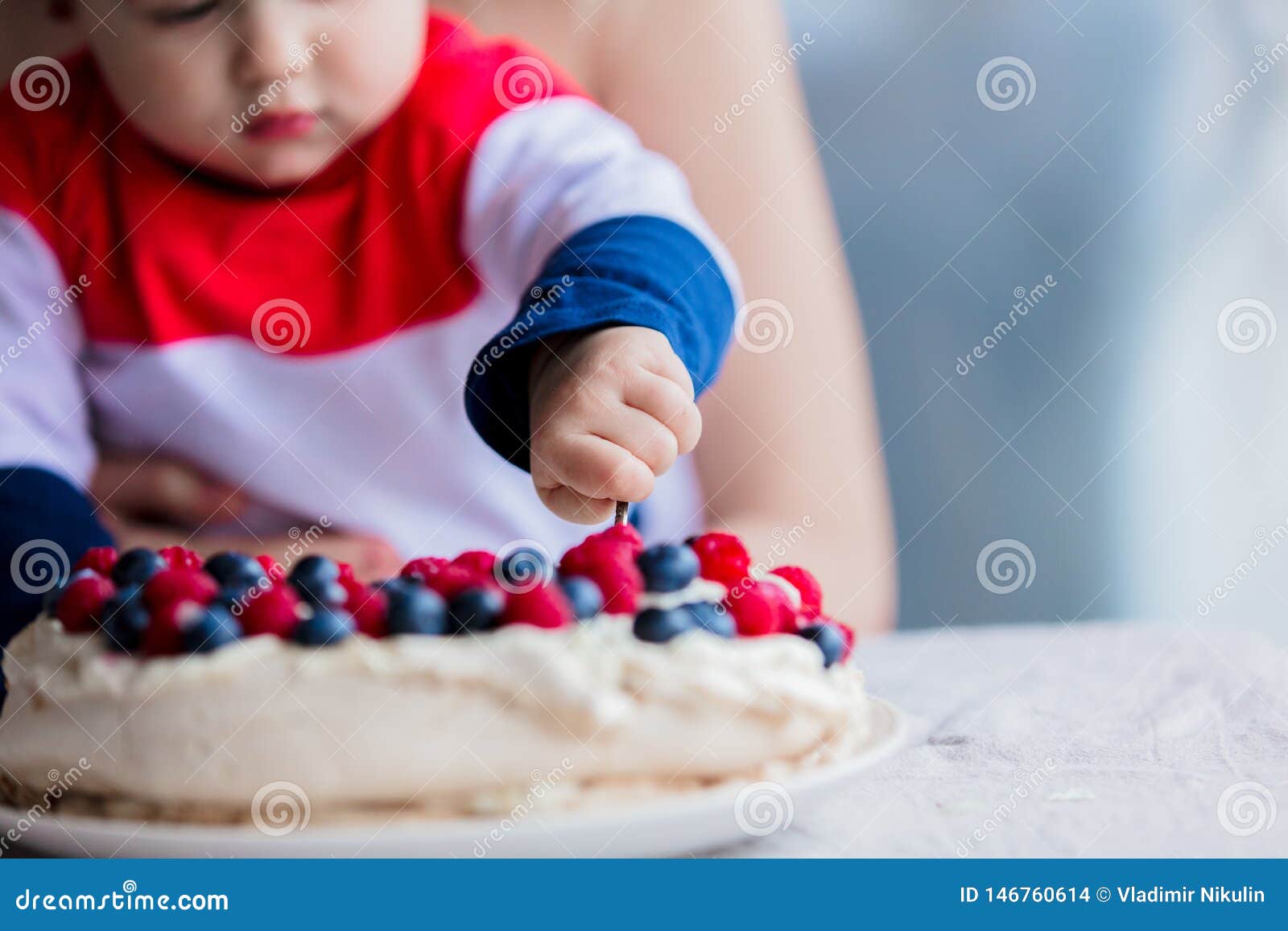 Mother and Son Eating Cream Pie with Blueberries Stock Photo - Image of ...