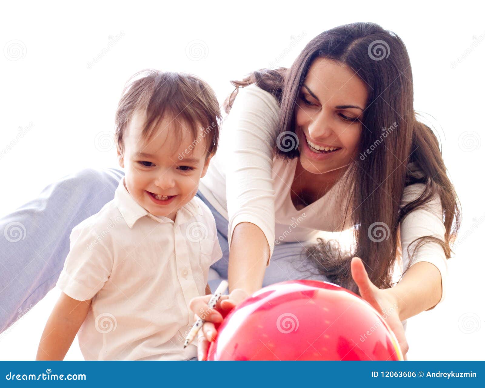 Mother and Son Have Fun with Red Balloon Together Stock Photo - Image ...