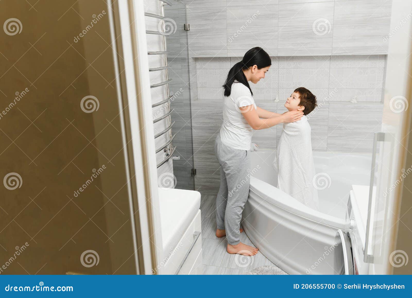 Mother and Son Having Fun at Bath Time Together Stock Photo - Image of ...
