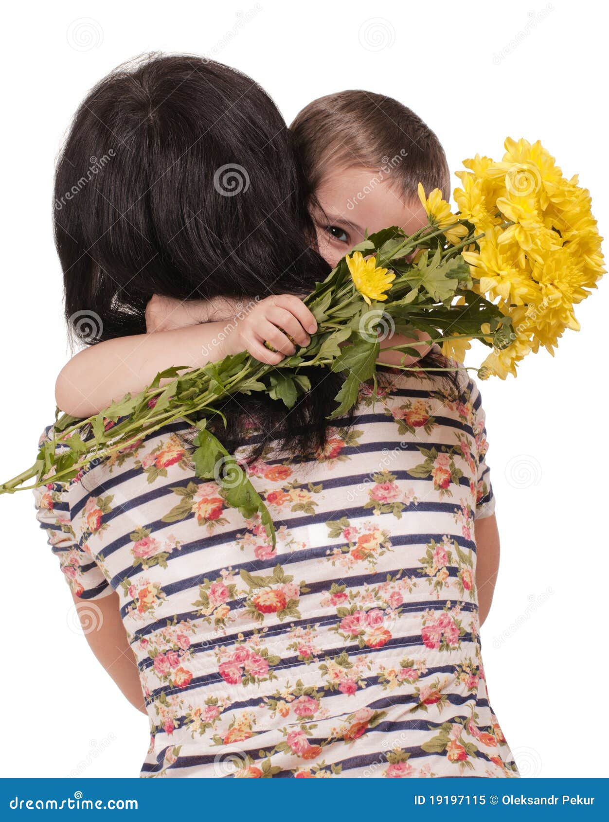 Mother and Son Hugging with Flowers Stock Image - Image of isolated ...