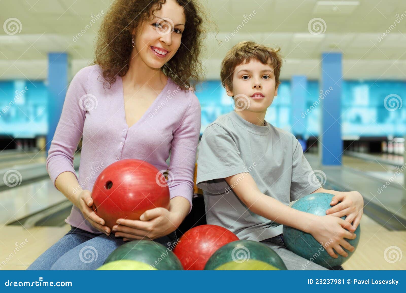 Mother and Son Keep Balls and Sit in Bowling Club Stock Image - Image ...