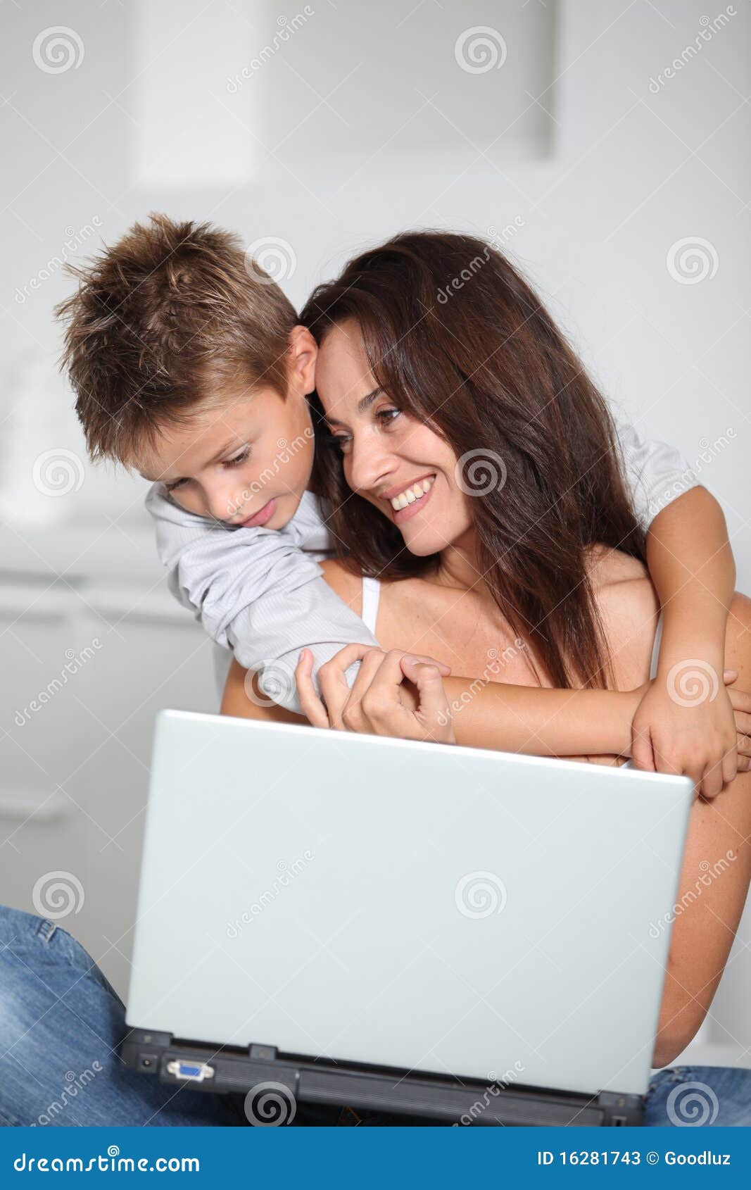 Mother and Son with Laptop Womputer Stock Image - Image of closeup ...