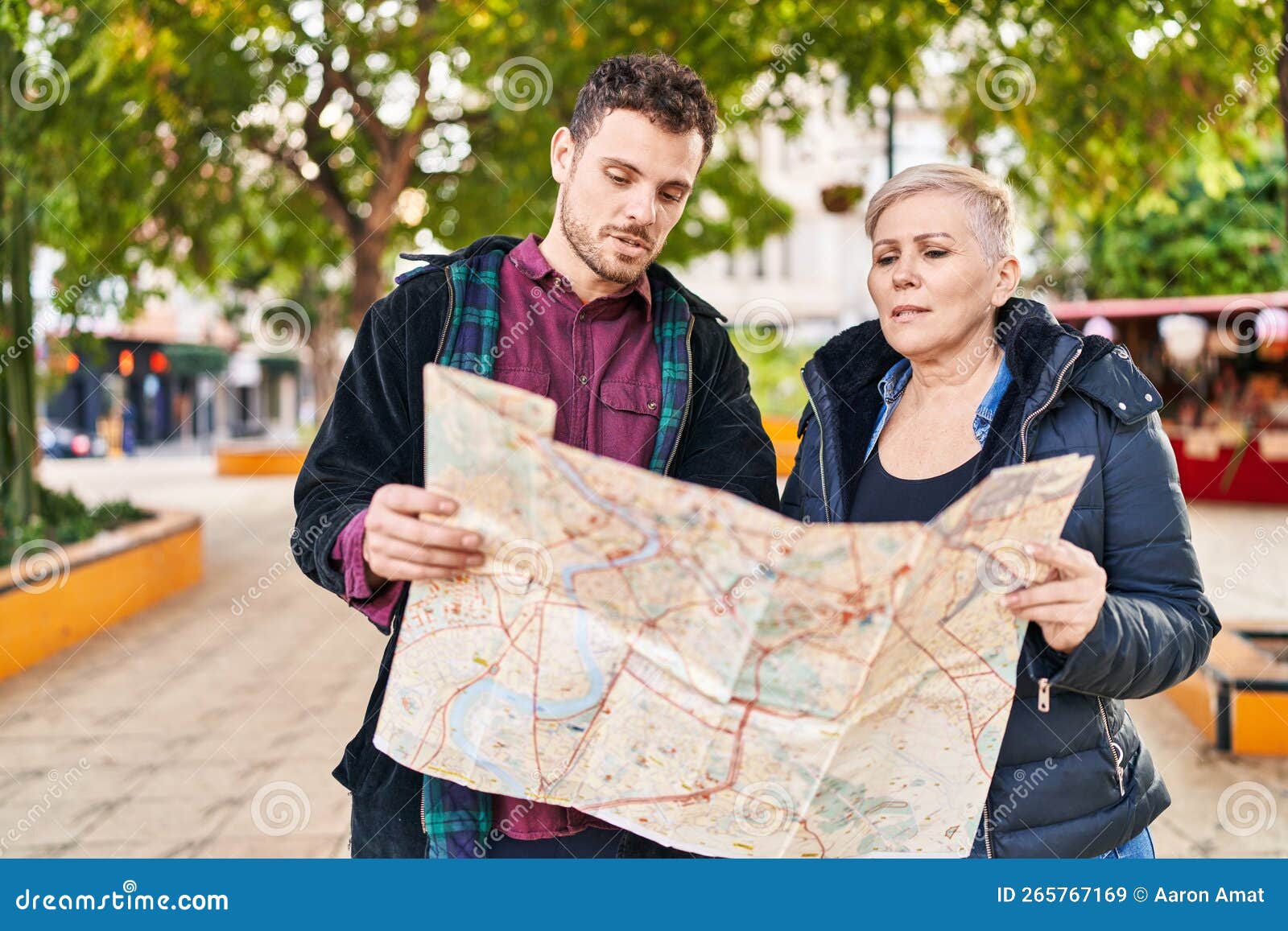 Mother and Son Looking City Map Standing Together at Park Stock Image ...