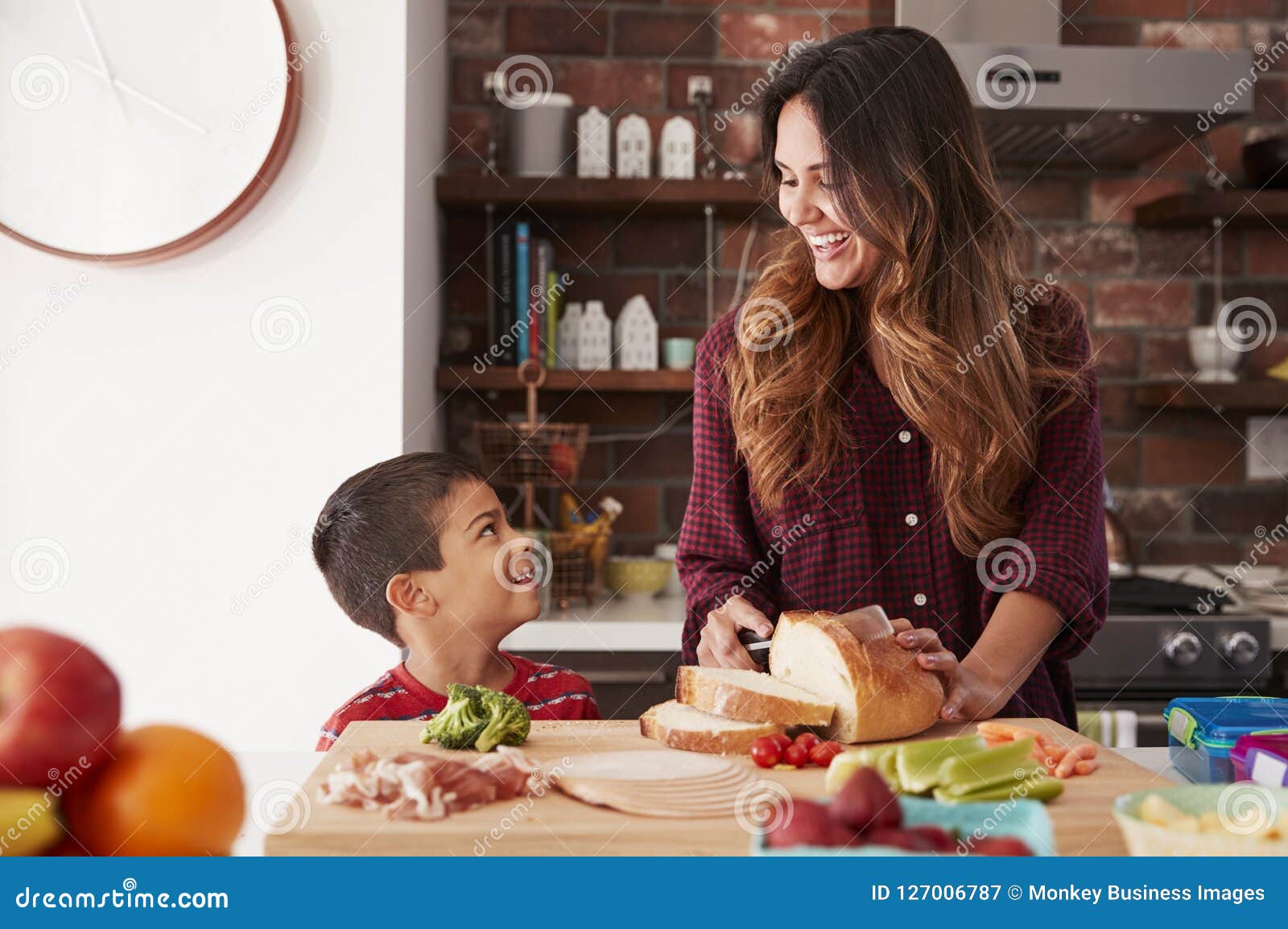 Mother and Son Making School Lunch in Kitchen at Home Stock Image ...