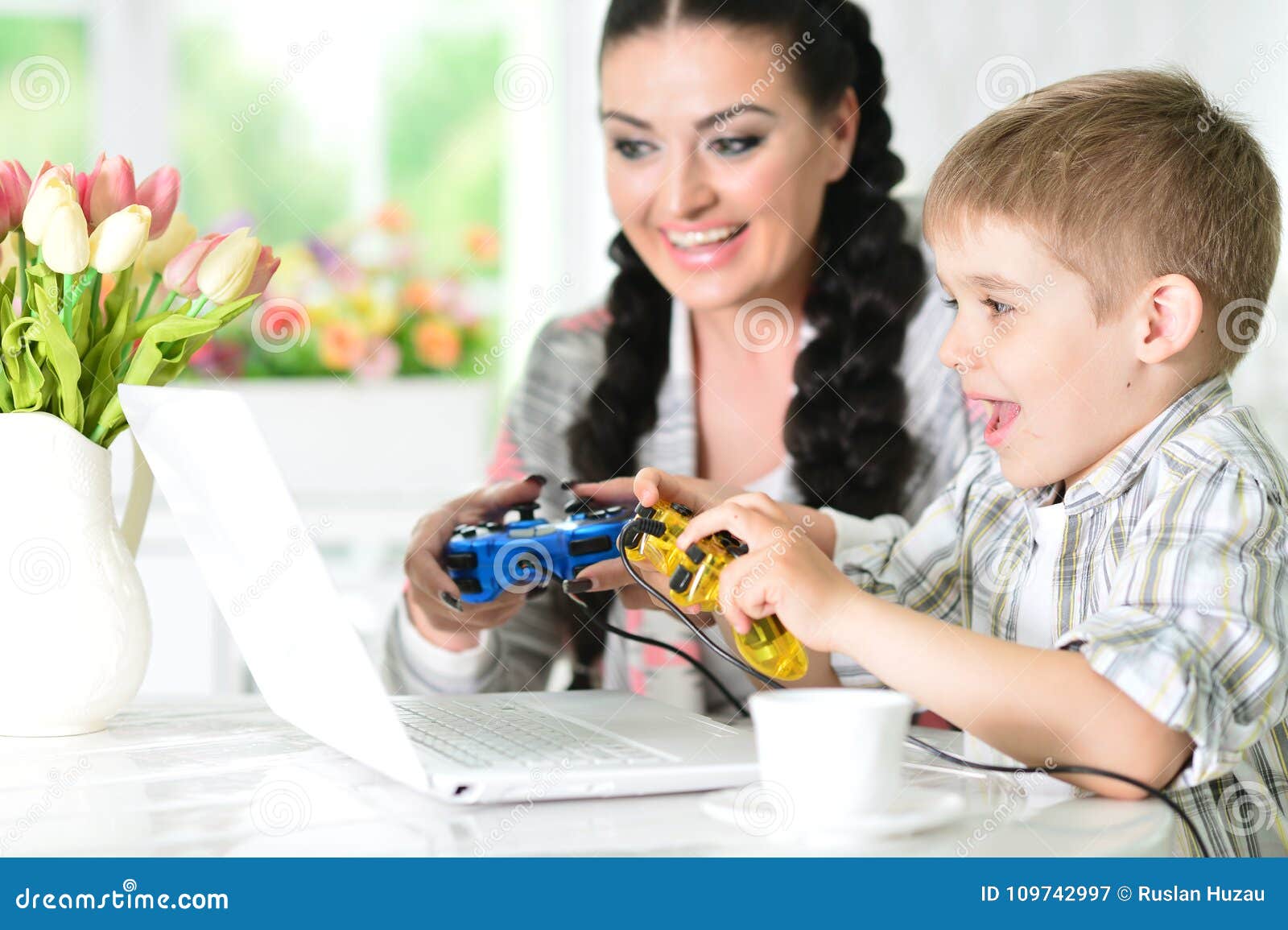 Mother and Son Playing Computer Game Stock Image - Image of playing ...