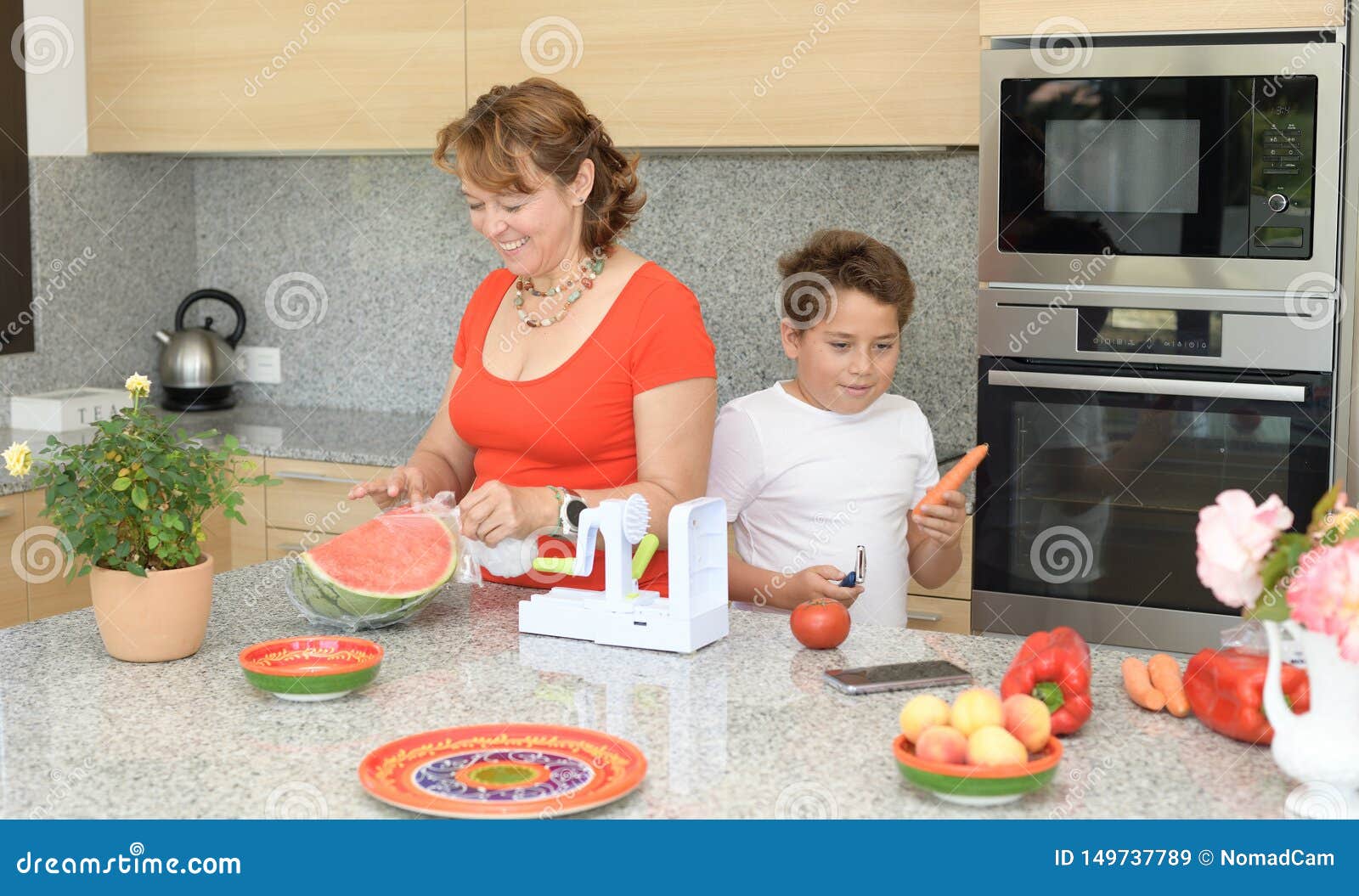 Mother and Son Preparing Lunch in the Kitchen Happy Stock Image - Image ...