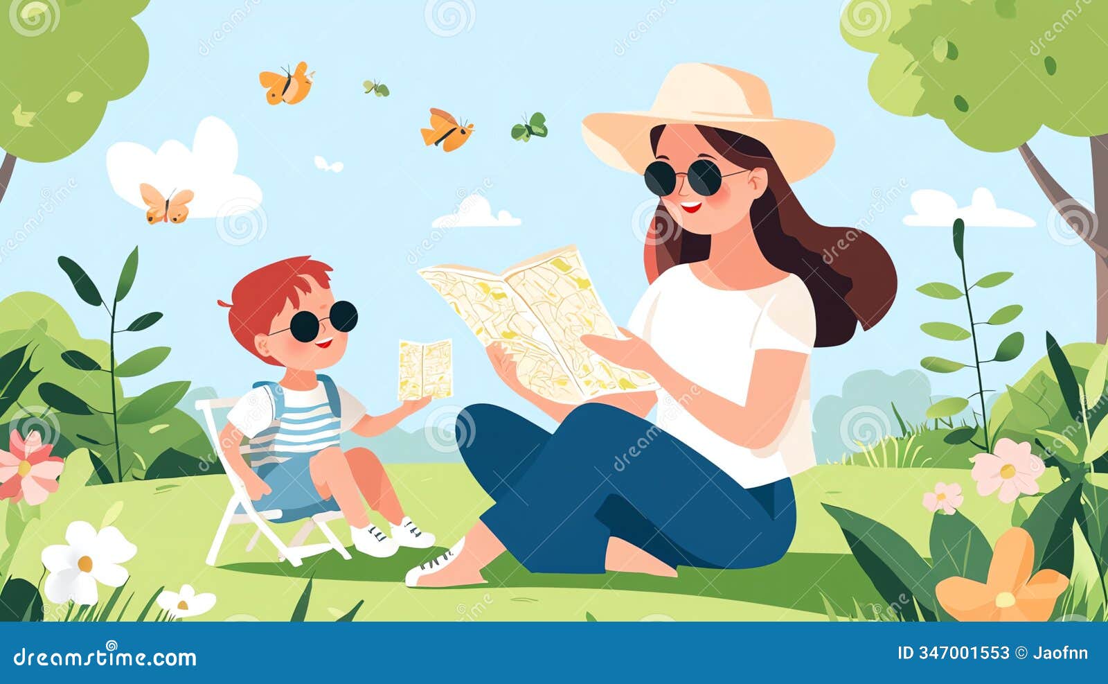 Mother and Son Reading Map in the Park. Flat Vector Illustration Stock ...