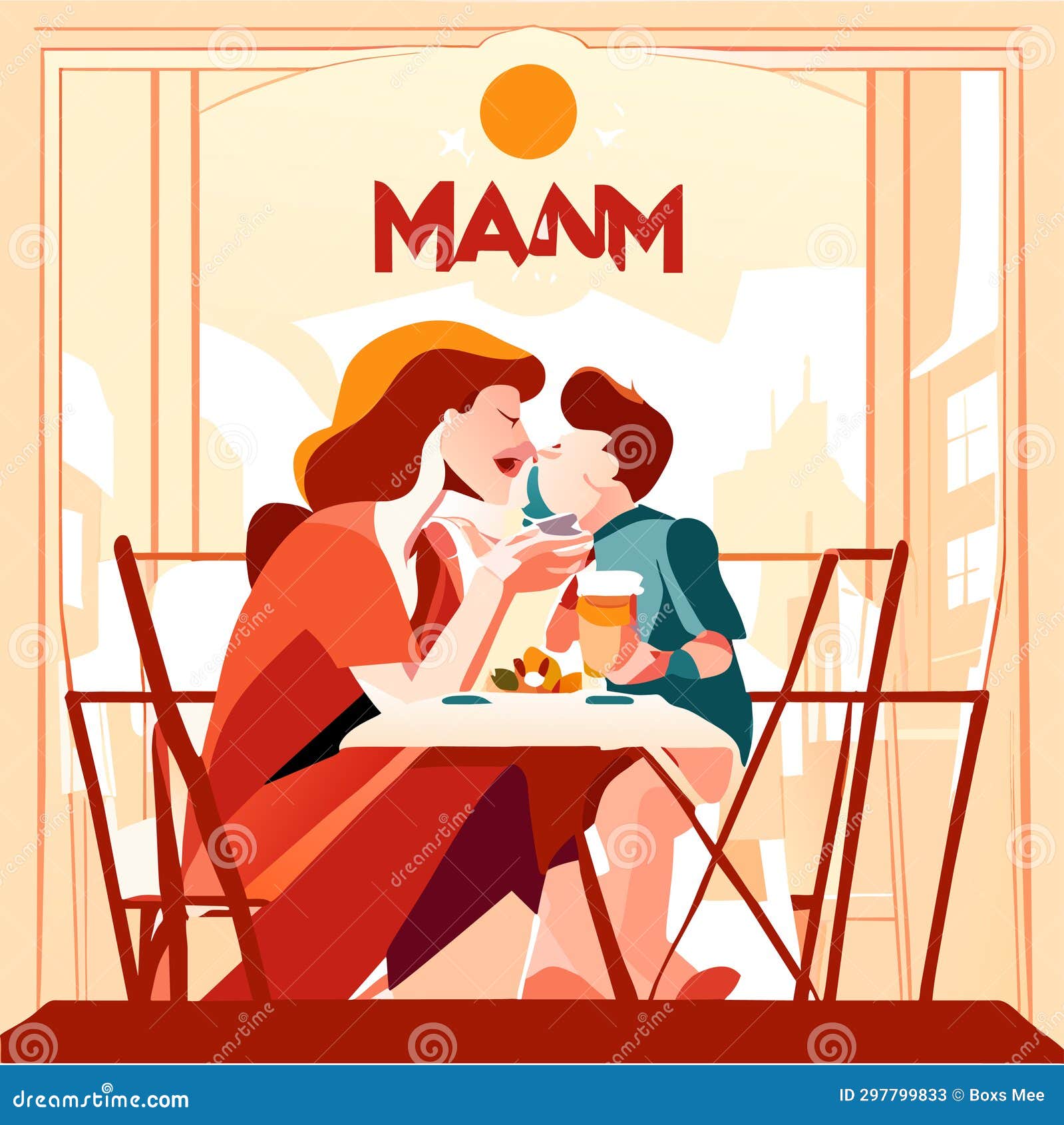 Mother And Son Sitting At The Table In Cafe Vector Cartoon