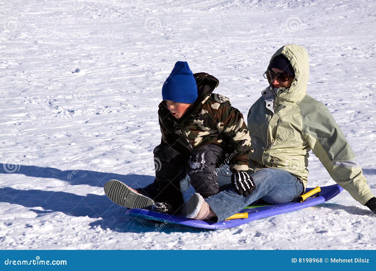 Mother and Son Sledding Down the Hill Stock Photo - Image of handsome ...