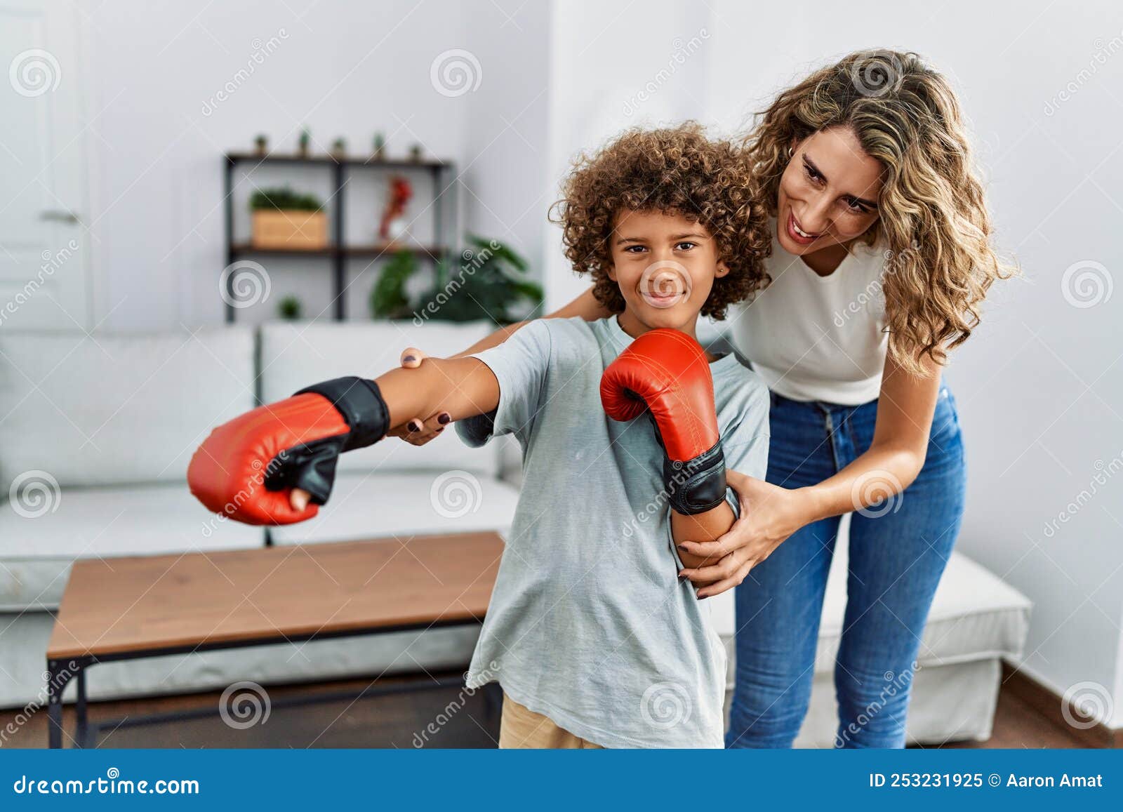 Mother and Son Smiling Confident Boxing at Home Stock Image - Image of ...