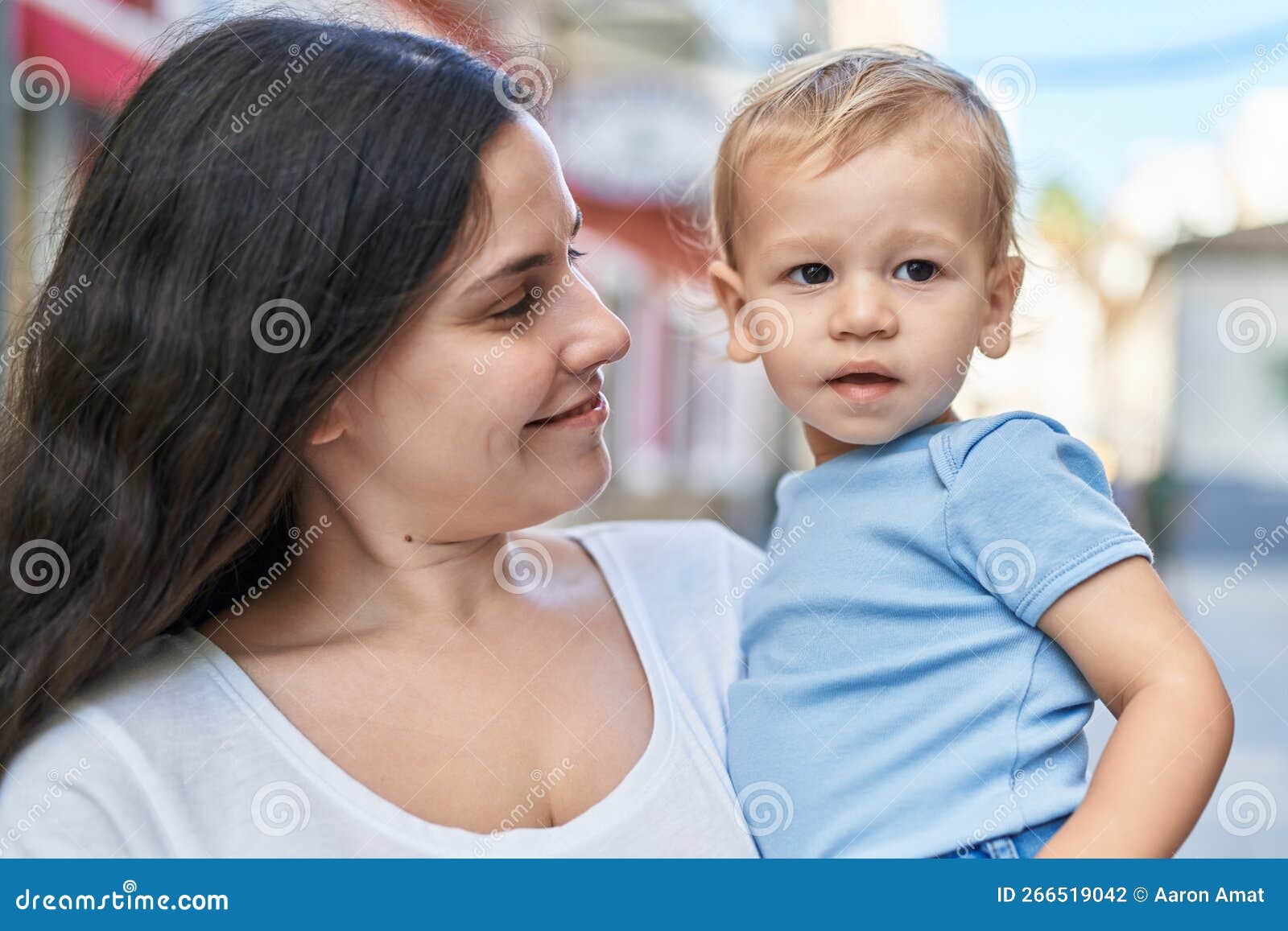 Mother and Son Smiling Confident Standing at Street Stock Photo - Image ...
