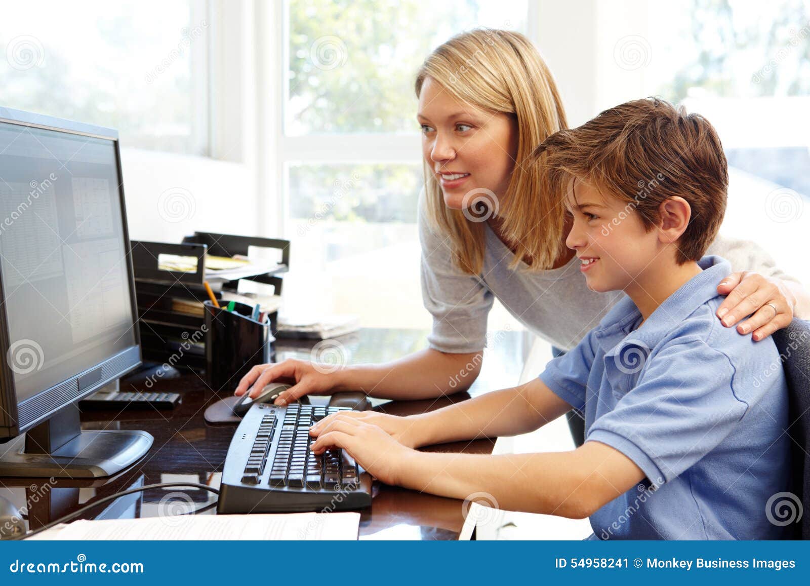 Mother and Son Using Computer at Home Stock Image - Image of keyboard ...
