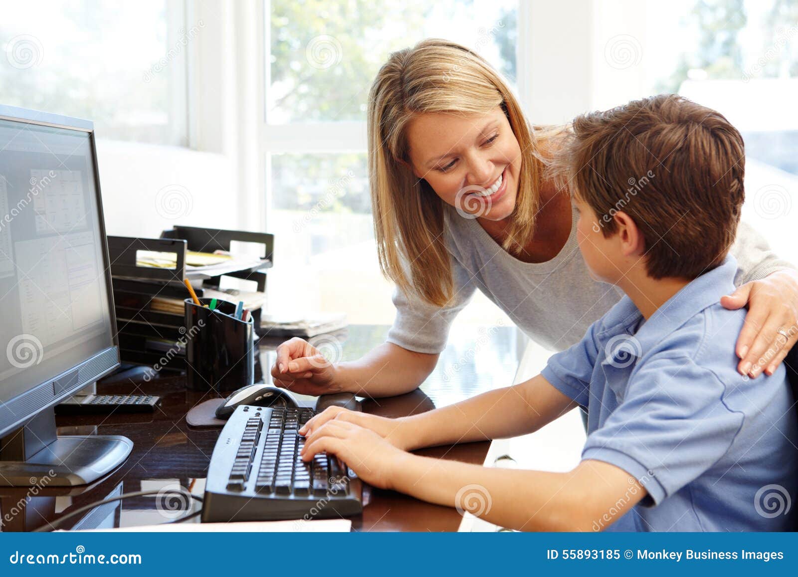 Mother and Son Using Computer at Home Stock Image - Image of keyboard ...