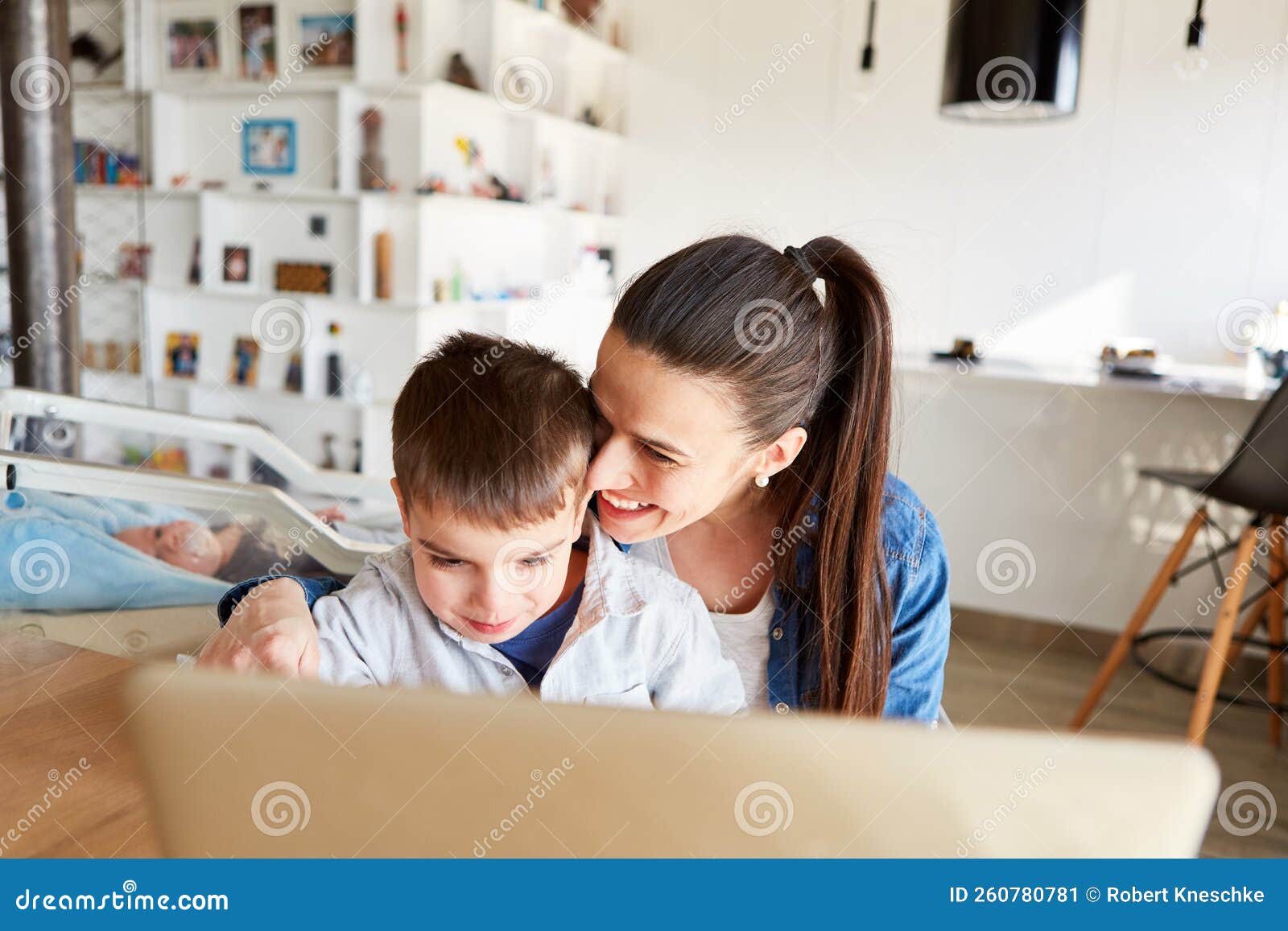 Mother and Son on Video Call or Video Chat Stock Image - Image of ...