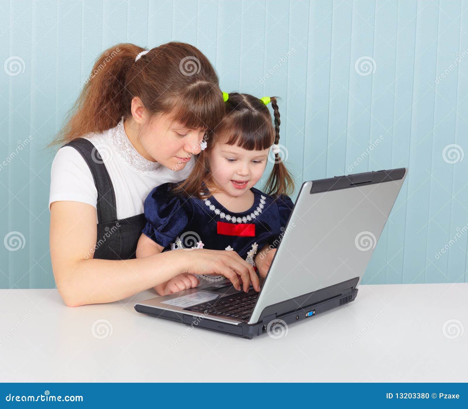 Mother Teaches Child To Use Laptop Stock Photo - Image of teach ...