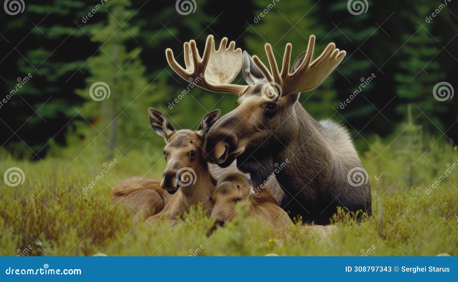 A Mother and Two Young Moose Resting in a Field of Grass, AI Stock ...